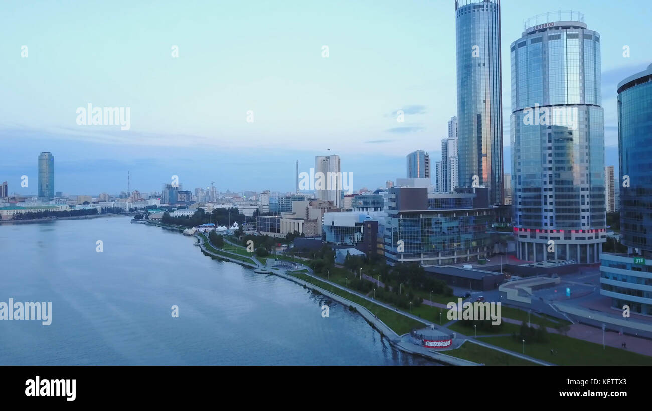 Bird's eye view of city, modern buildings, city river. Beautiful city ...