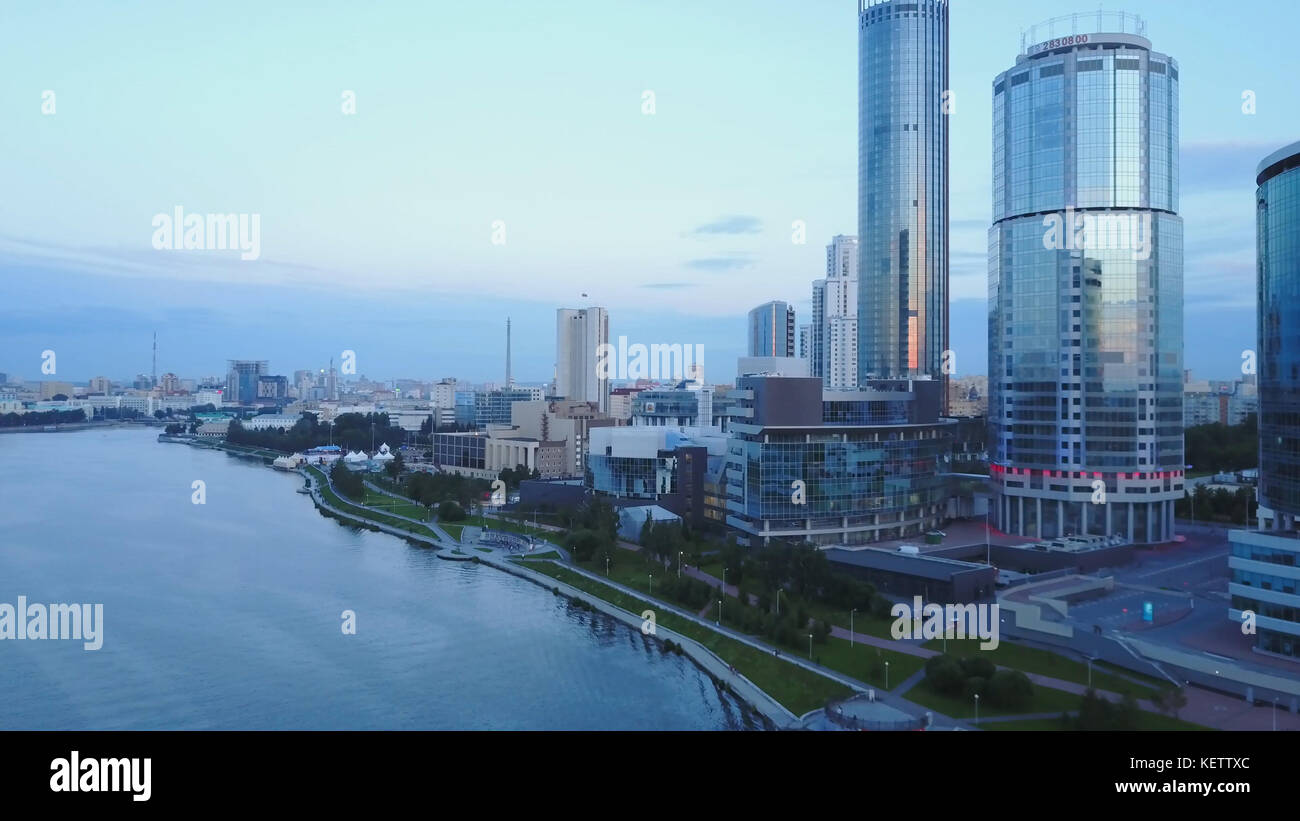 Bird's eye view of city, modern buildings, city river. Beautiful city ...