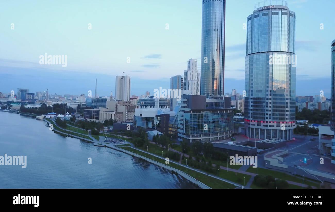 Bird's eye view of city, modern buildings, city river. Beautiful city ...