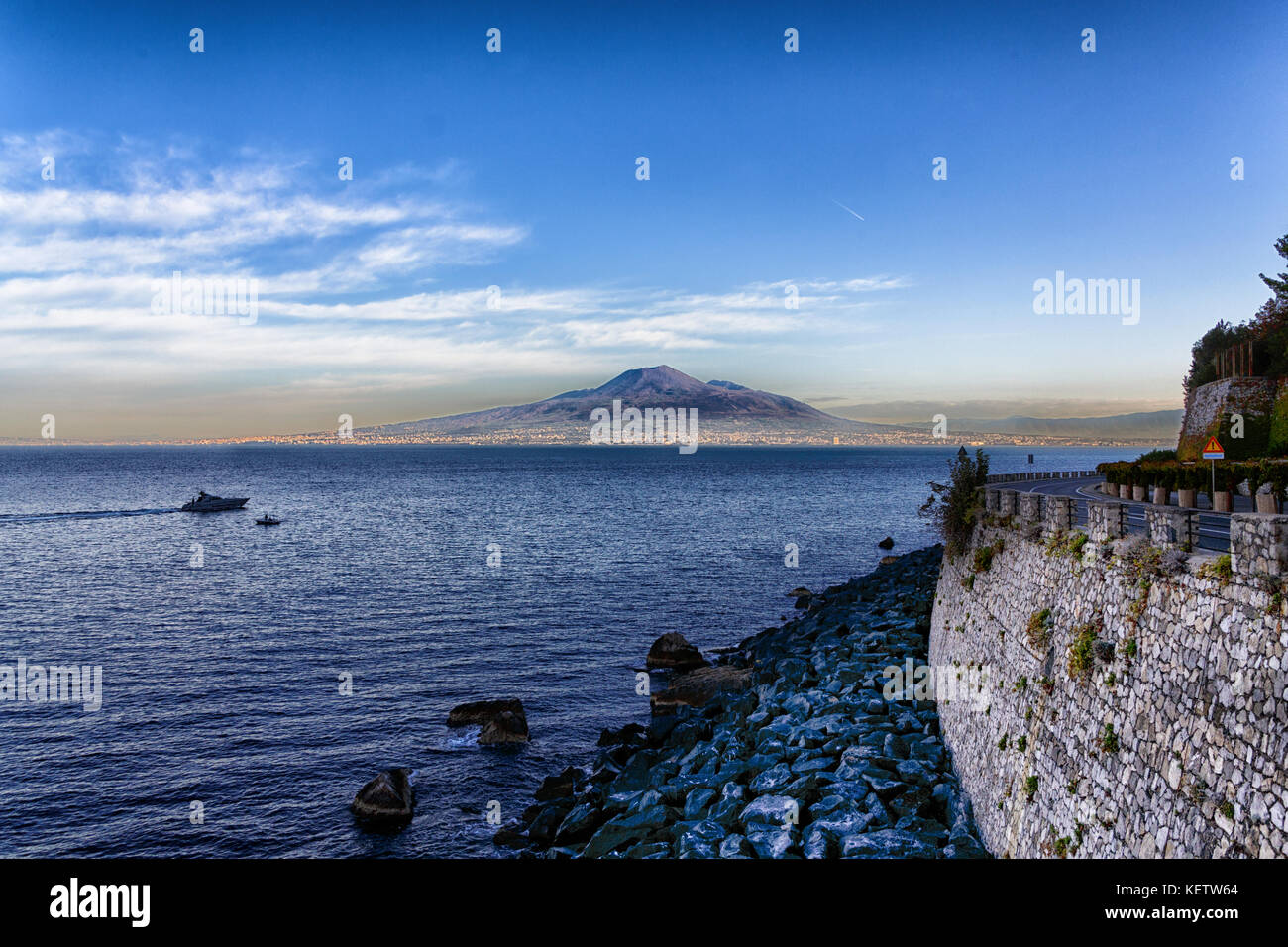 Early Morning Along a Seaside Road on the Amalfi Coast with Vesuvius in ...