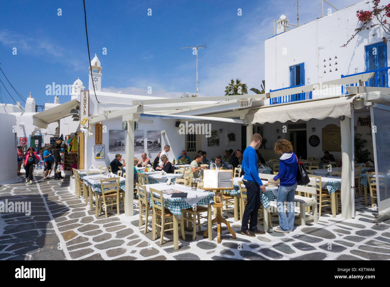 Typical greek restaurant at Mykonos-town, Mykonos,Greece Stock Photo ...