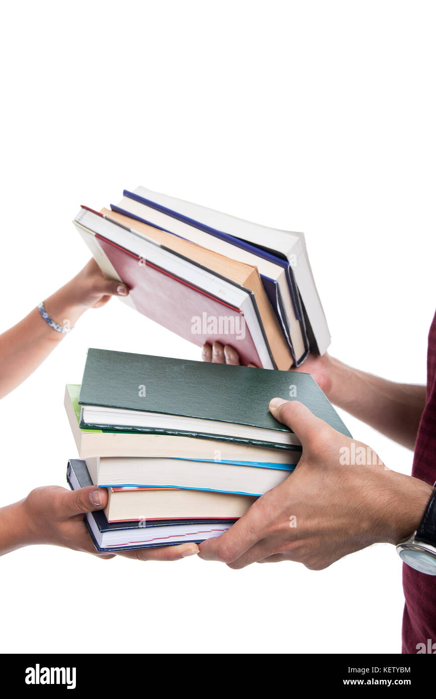Close-up of students making books exchange isolated on white background ...