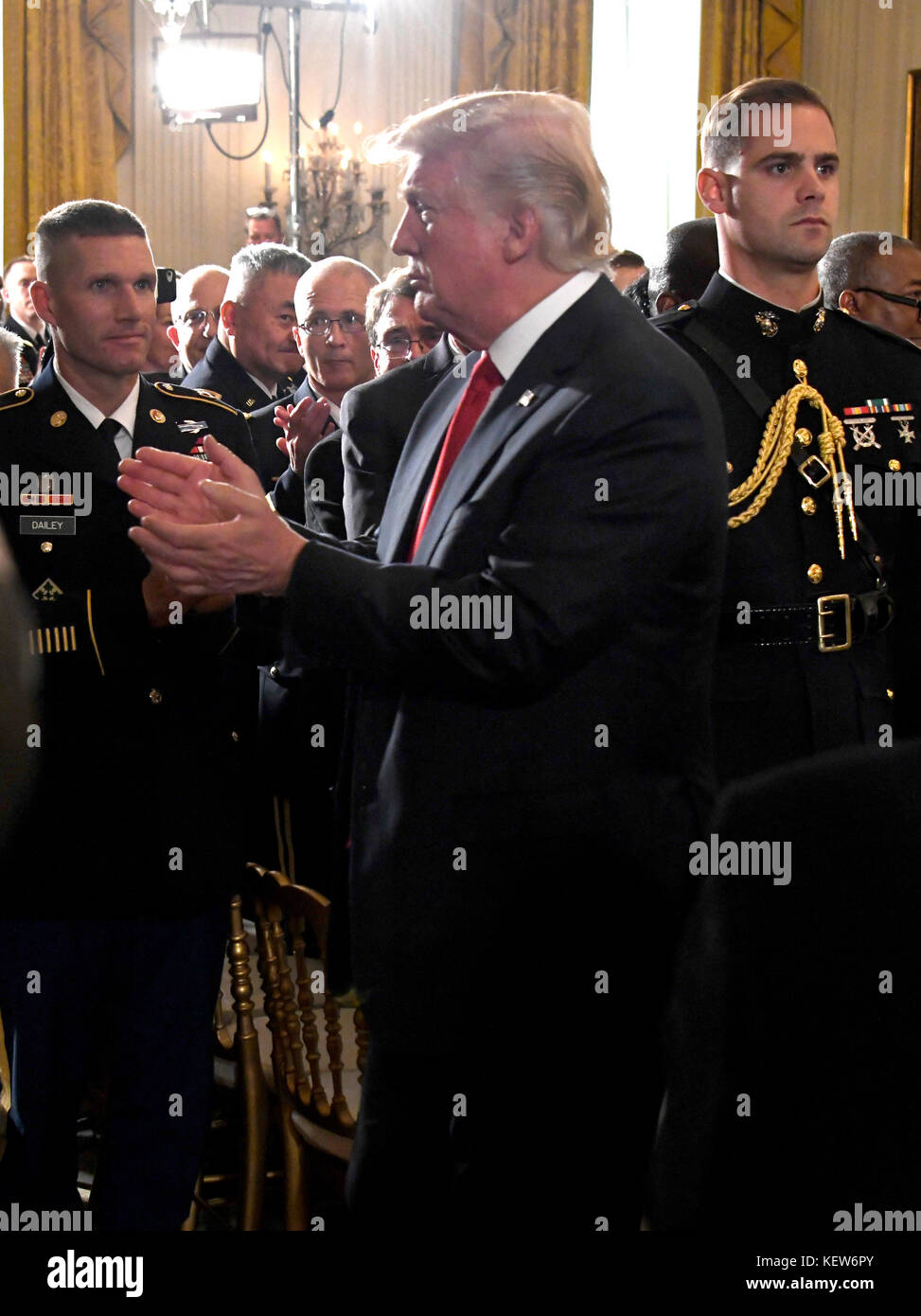 United States President Donald J. Trump departs after presenting the ...