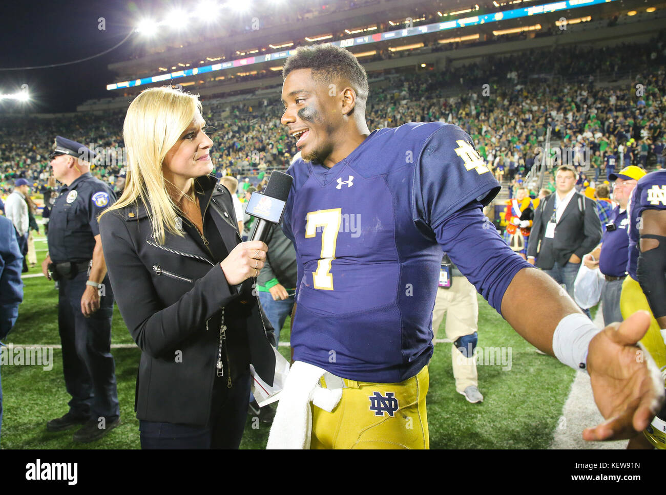 NBC sideline reporter Kathryn Tappen interviews Notre Dame Fighting ...