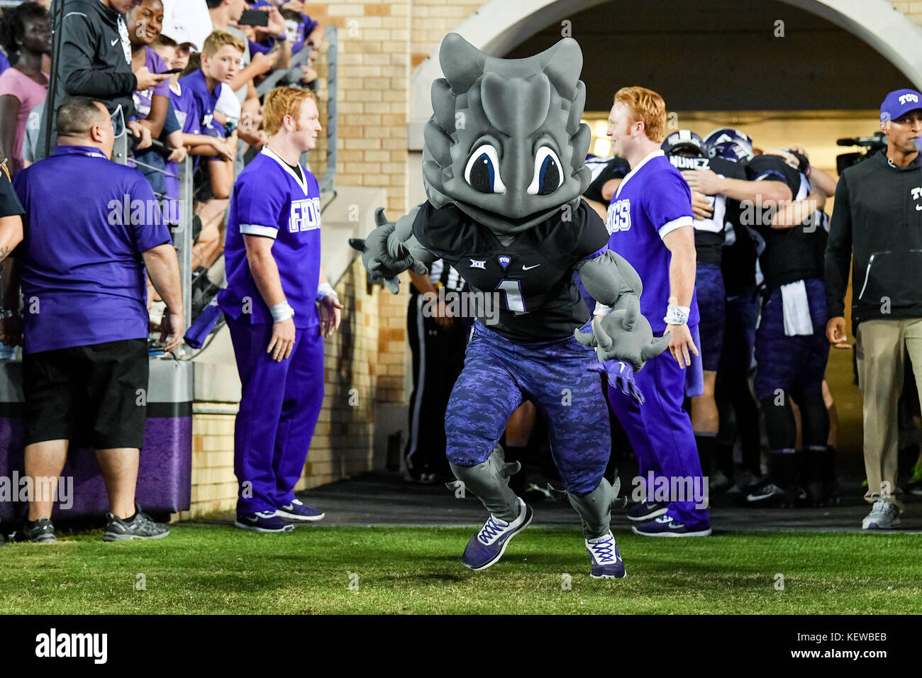 October 21, 2017: .TCU mascot, Super Frog during an NCAA Football game ...