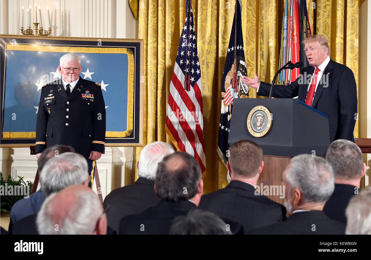 United States President Donald J. Trump makes remarks as he presents ...