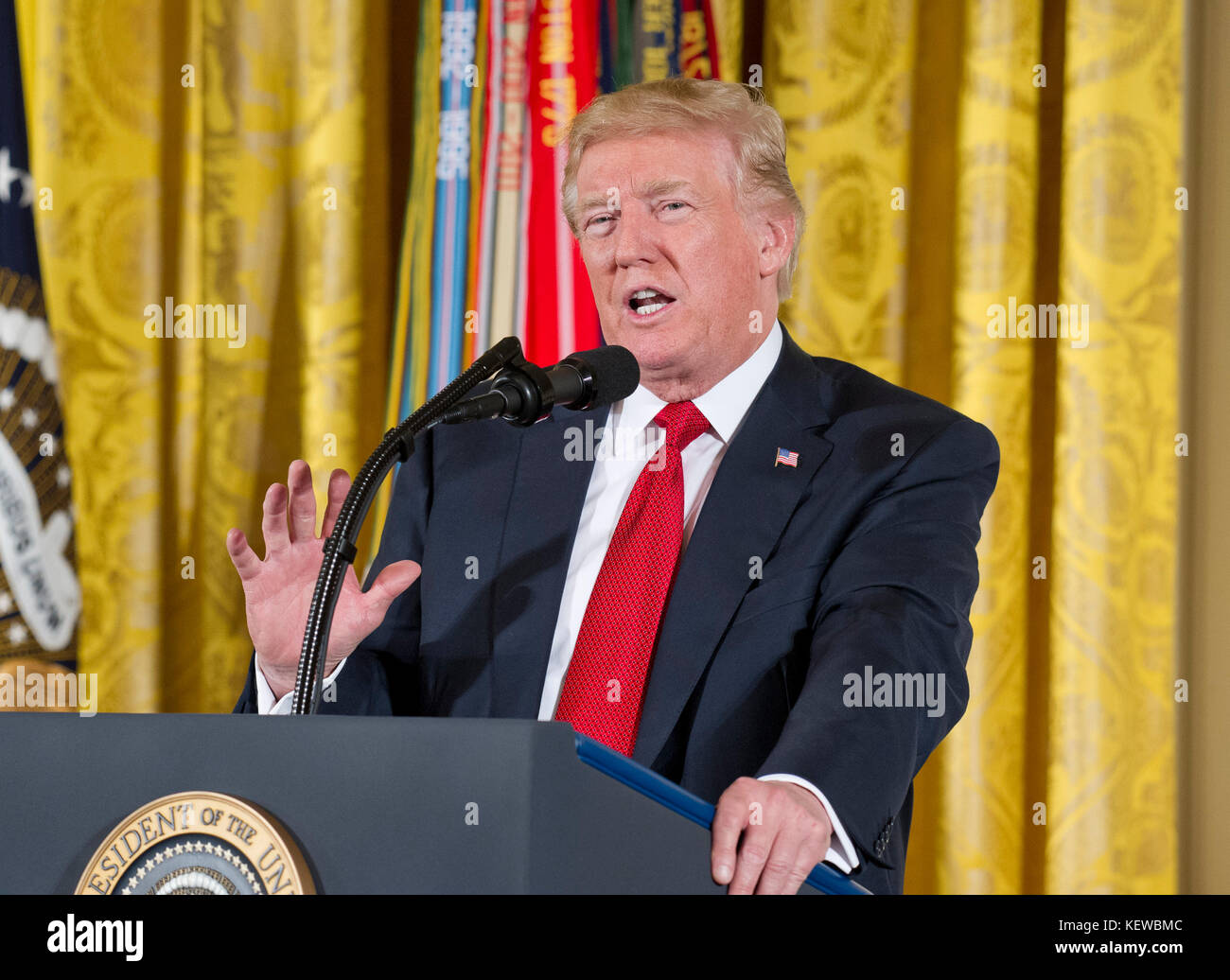 United States President Donald J. Trump makes remarks as he presents ...