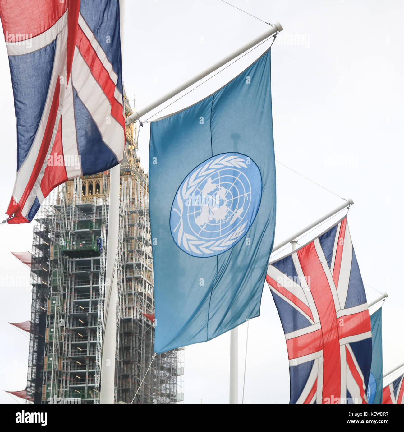 London UK. 24th October 2017. The Flags of the United Nations hang ...