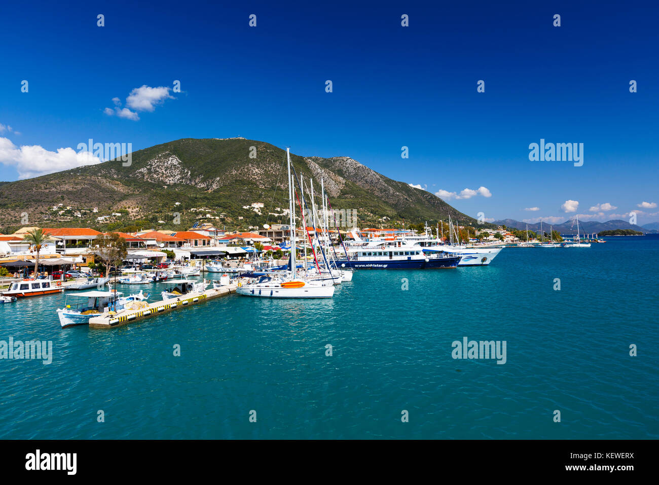 Boats in the harbour of Nydri village on Lefkada island in Greece Stock ...
