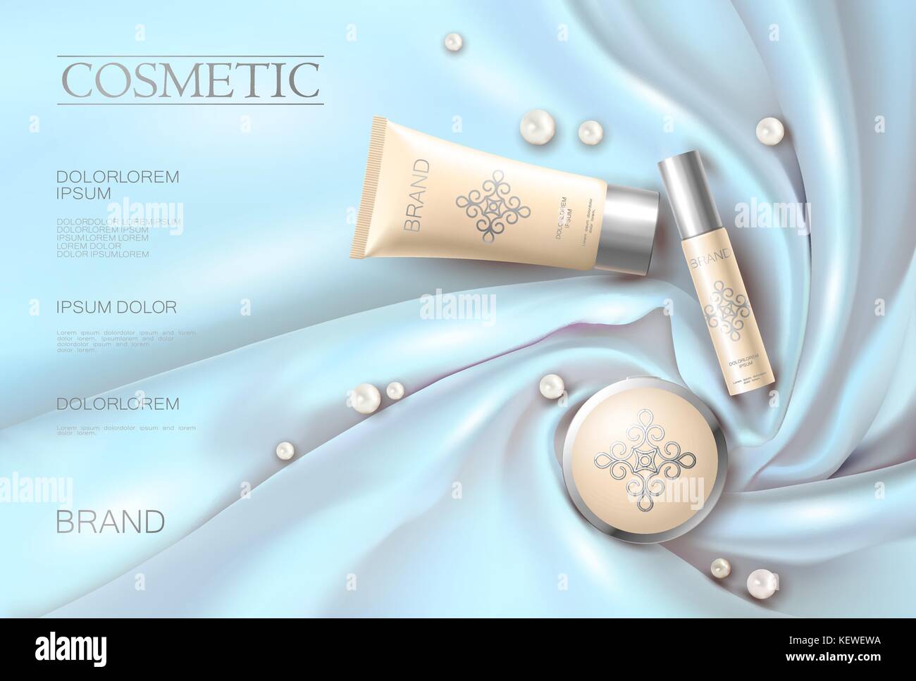 Soft 3d realistic cosmetic ad. Silk glowing fabric light blue beige ...