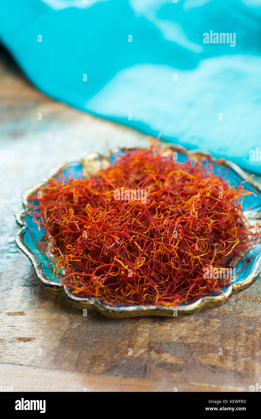 Real red dried saffron spice, tasty ingredient for many dishes, close ...