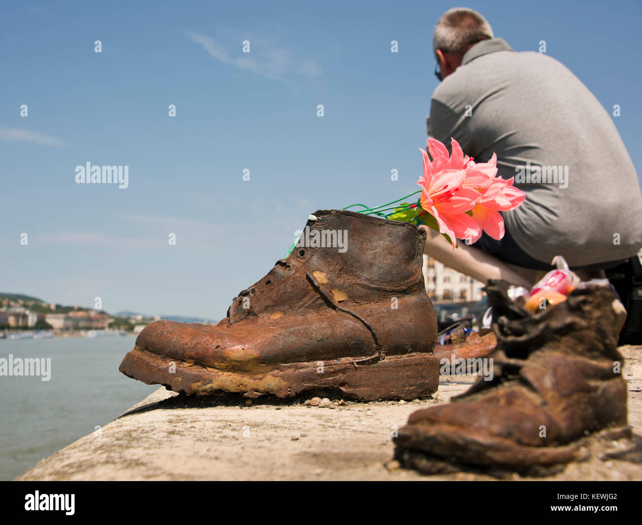 Horizontal view of the Shoes on the Danube memorial in Budapest Stock ...