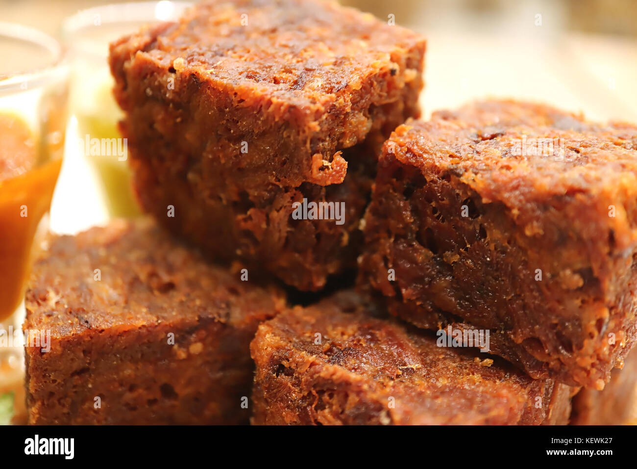 Closed up texture of deep fried crispy minced pork cubes, with ...
