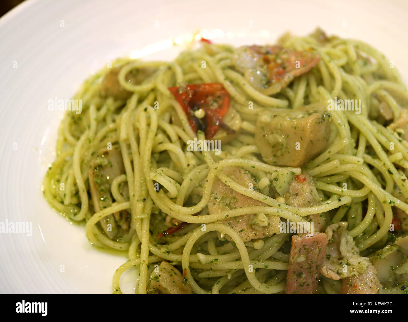 Bacon and Mushroom Spaghetti with Basil Pesto Sauce, Closed up with ...