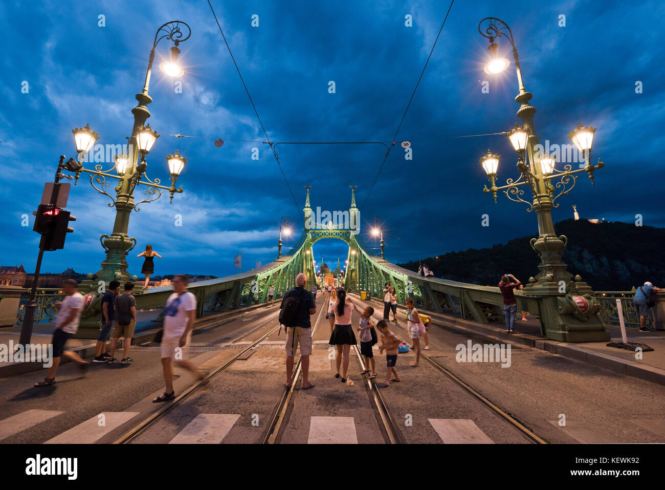 Horizontal view of Szabadság híd or Liberty Bridge closed to traffic at ...