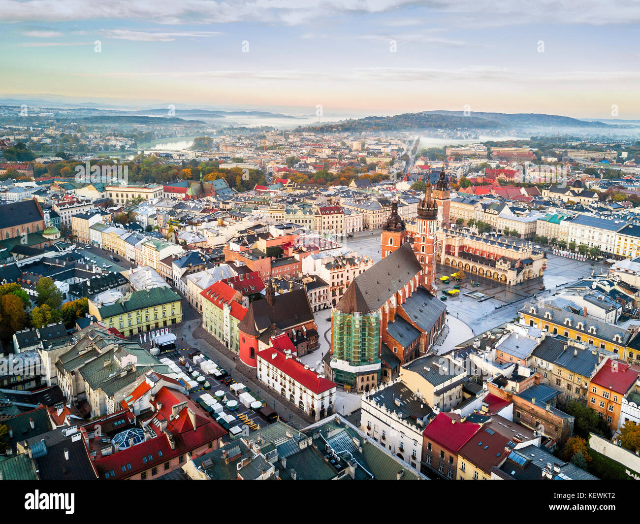 Beautiful aerial view of historic market square at sunrise, Krakow ...