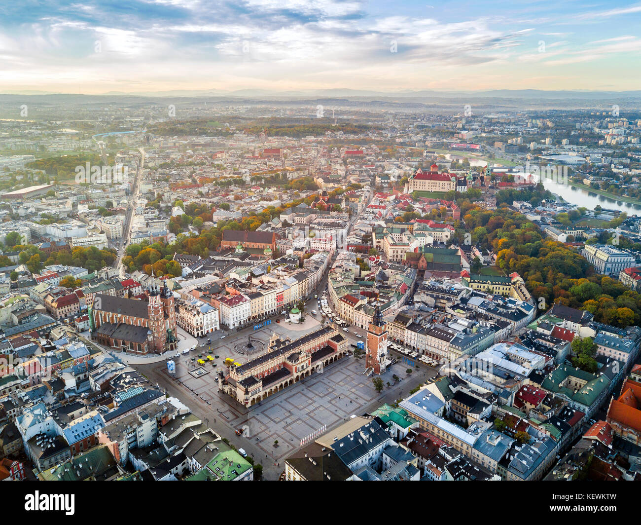 Beautiful aerial view of historic market square at sunrise, Krakow ...