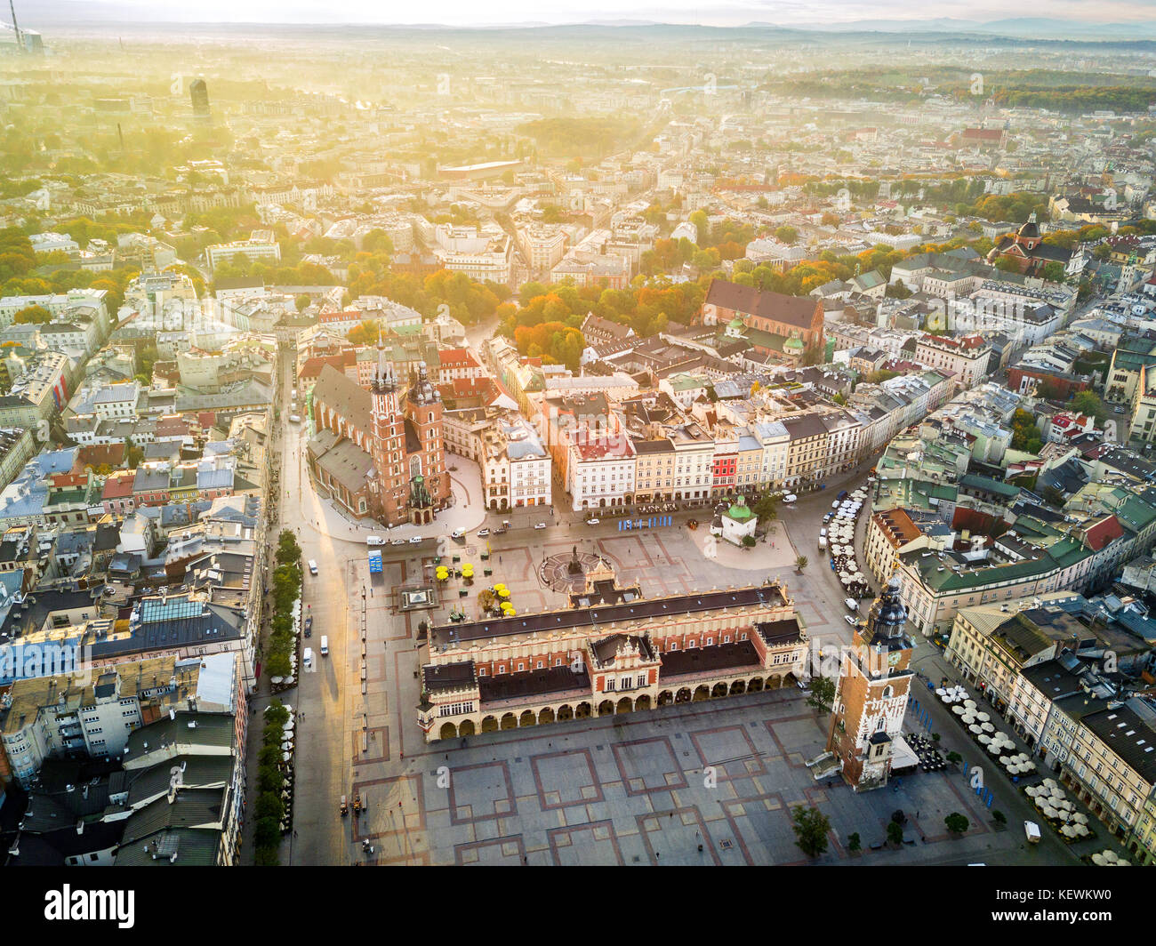 Beautiful aerial view of historic market square at sunrise, Krakow ...