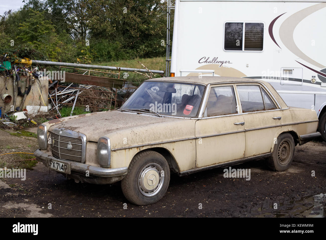 old rusty moss covered 1985 Mercedes-Benz Stock Photo - Alamy