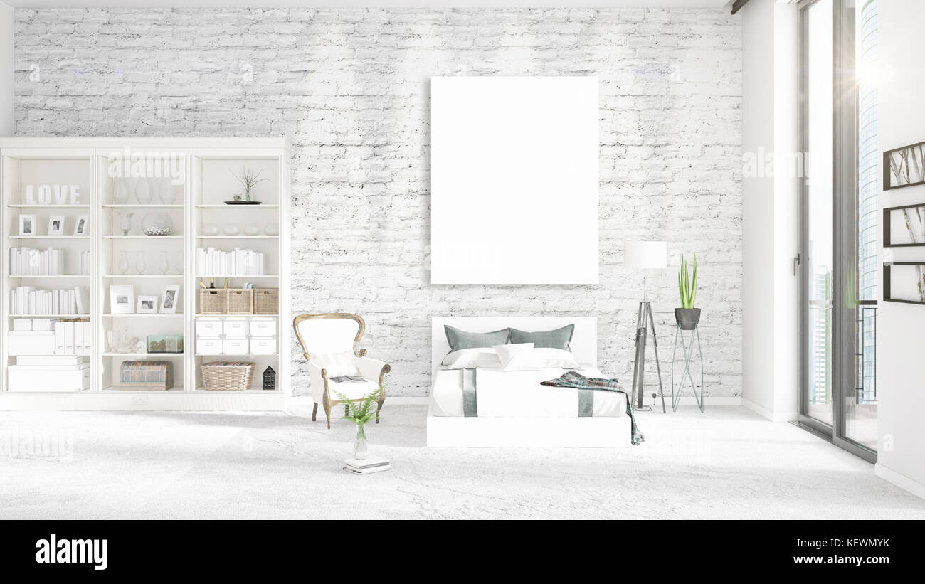 Fashionable modern loft interior in vogue with empty frame and ...