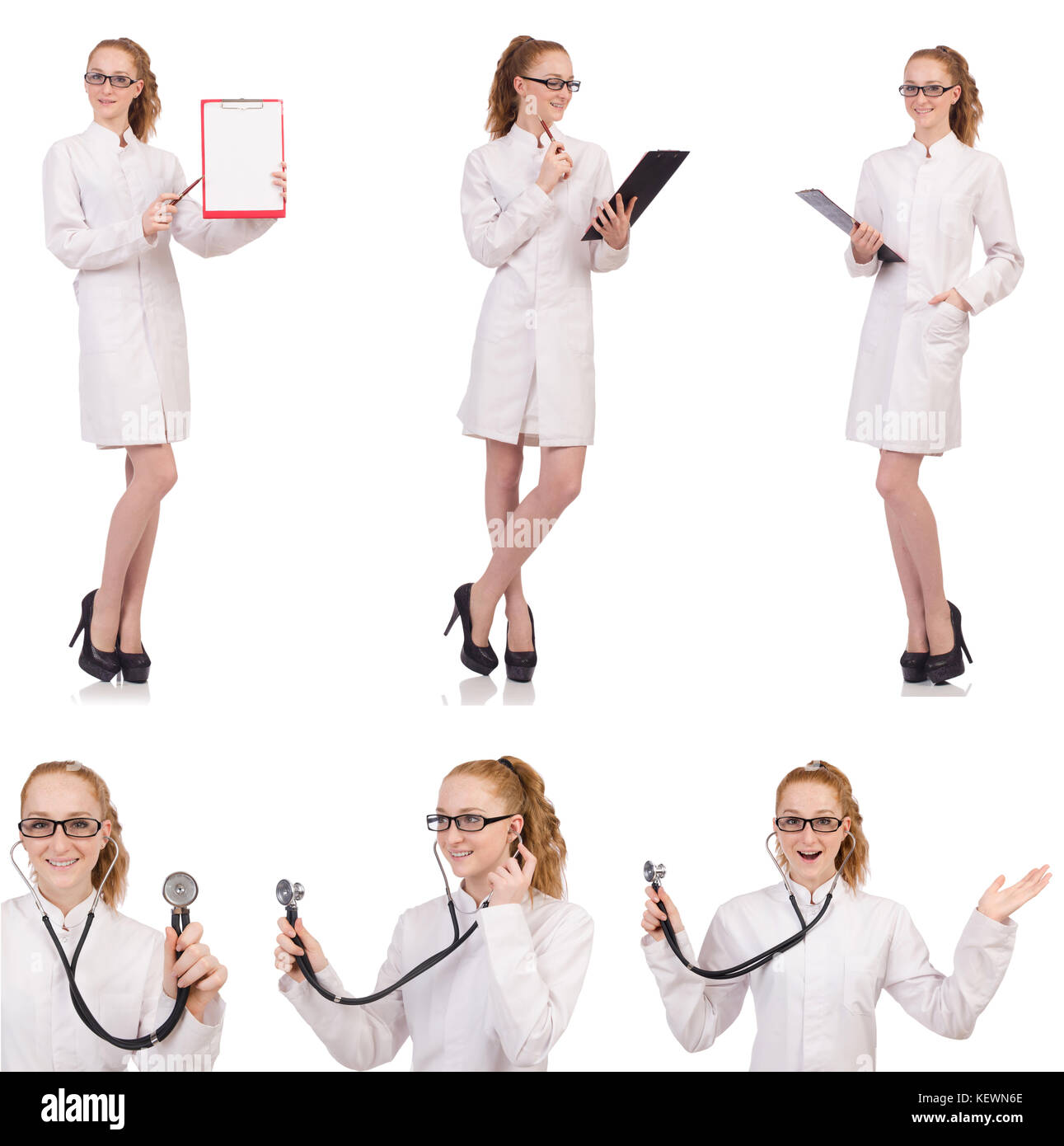 Pretty female doctor holding diary isolated on white Stock Photo - Alamy