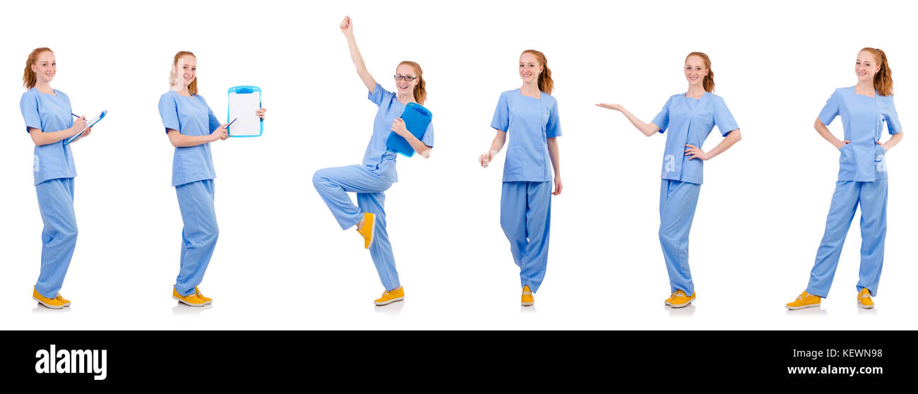 Pretty dancing doctor in blue uniform with documents isolated on white ...