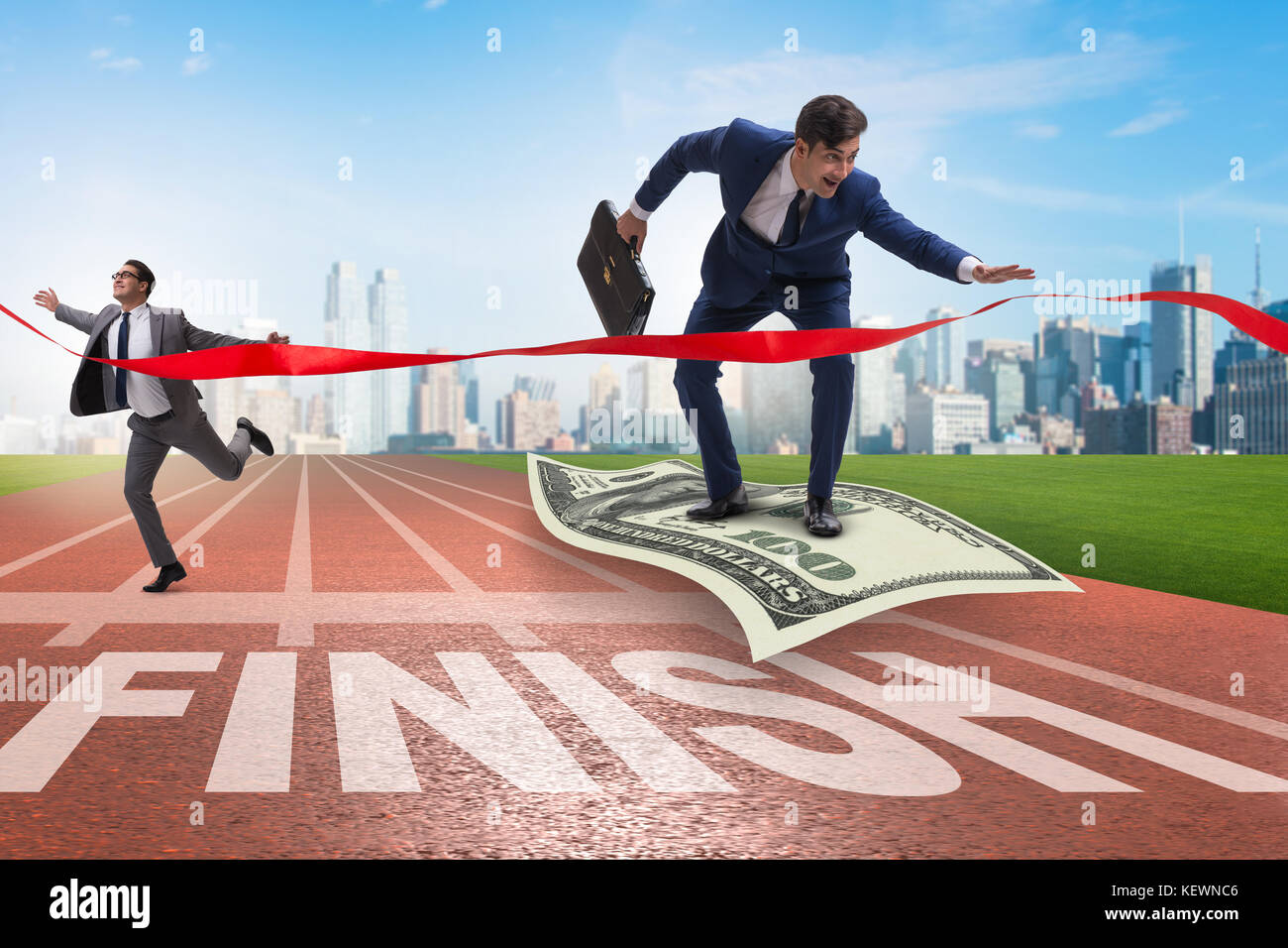 Businessman flying on dollar banknote towards finish line Stock Photo ...