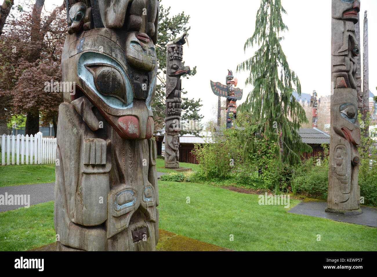 Traditional Northwest indigenous totem poles on display on the grounds ...