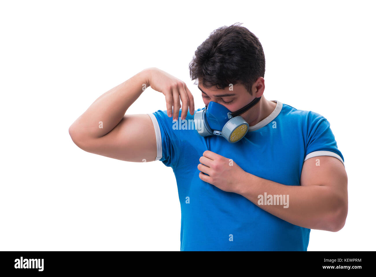 Man sweating excessively smelling bad isolated on white background ...