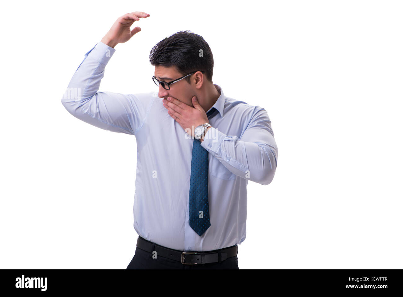 Businessman sweating excessively smelling bad isolated on white ...