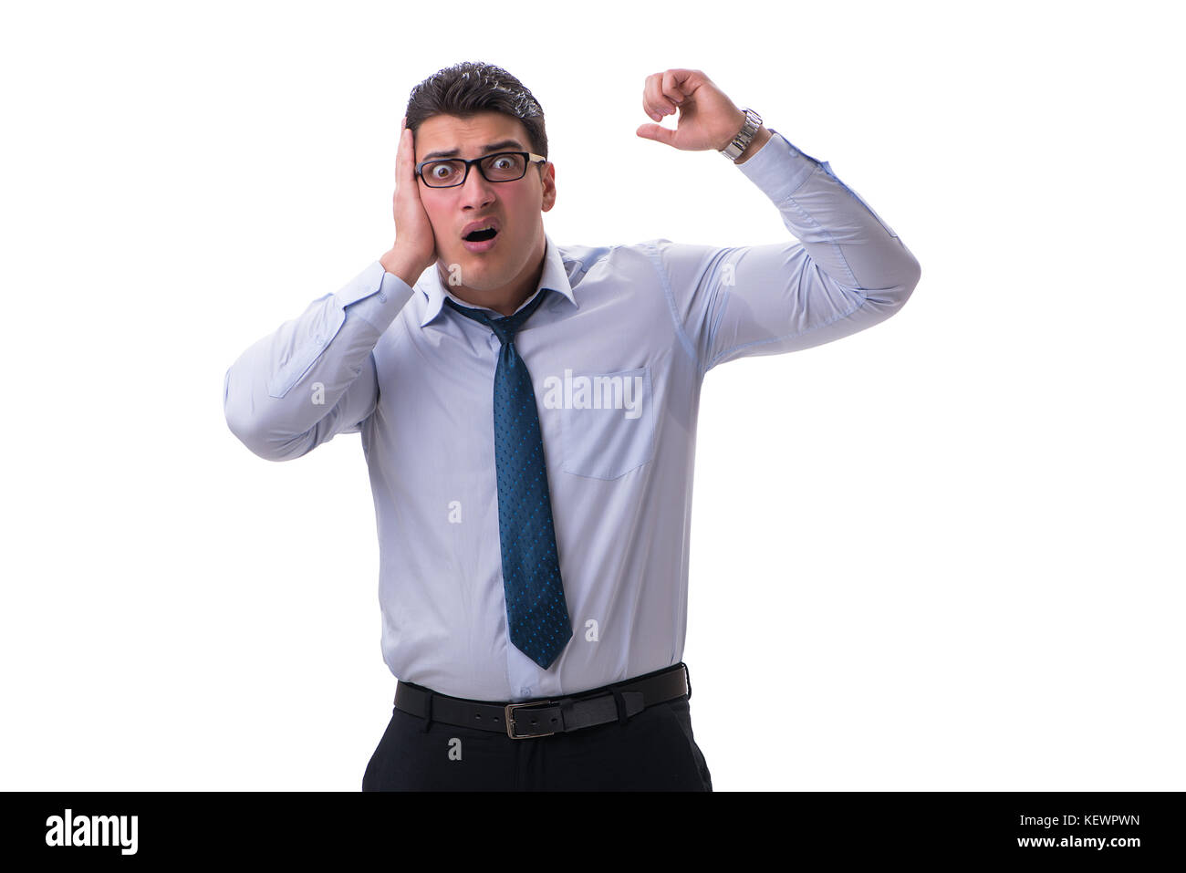 Businessman sweating excessively smelling bad isolated on white ...