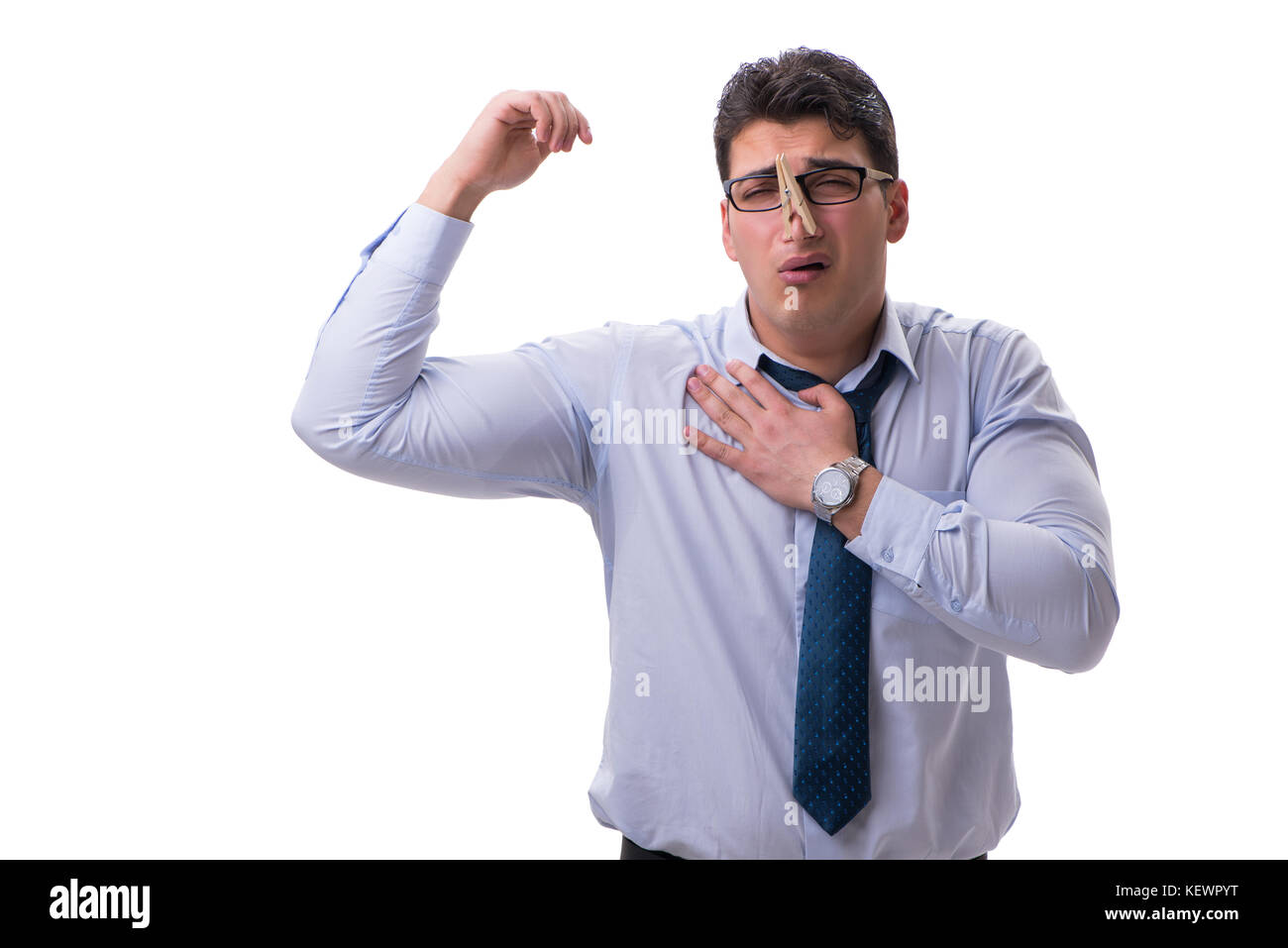 Businessman sweating excessively smelling bad isolated on white ...