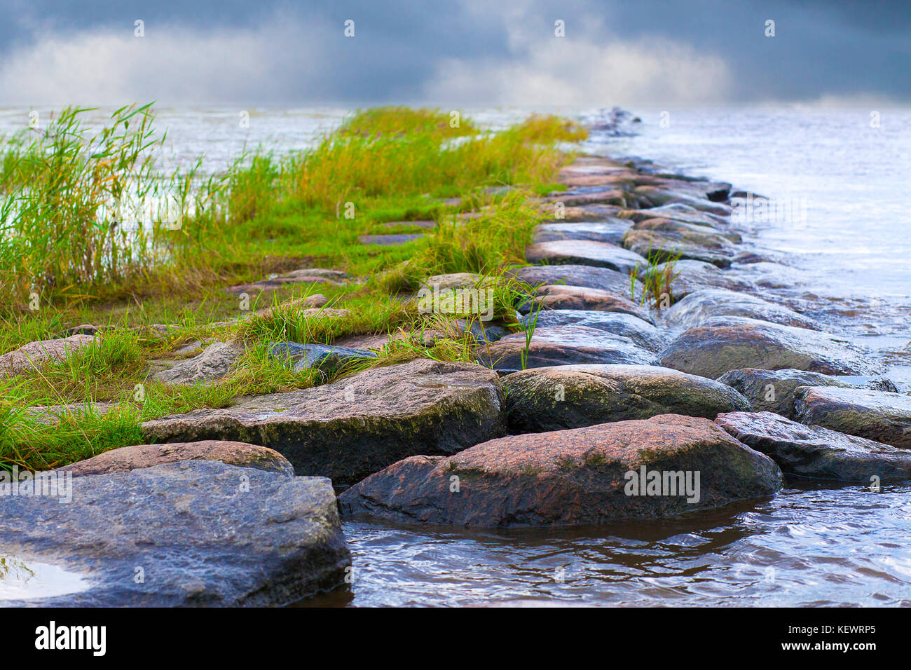 Closeup on the rocks of a natural lake breakwater dam with growing ...