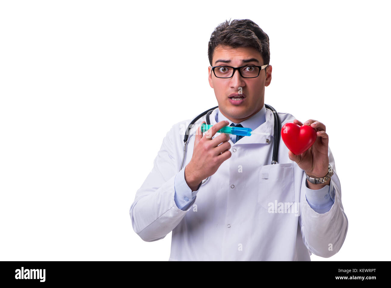 Young male cardiologist doctor holding a heart isolated on white ...