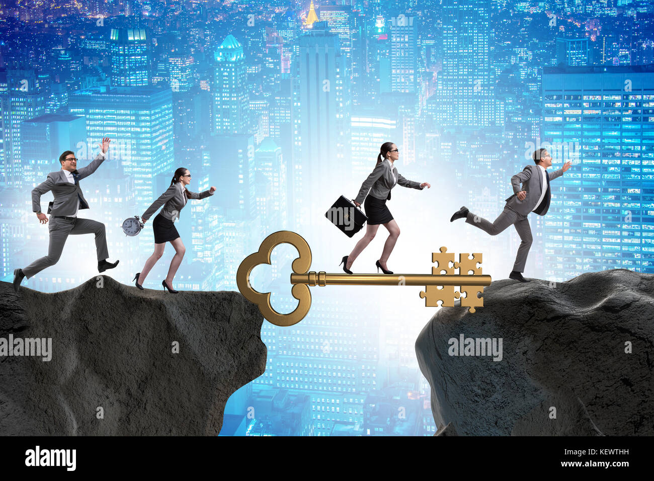 Business people chasing each other towards key to success Stock Photo ...