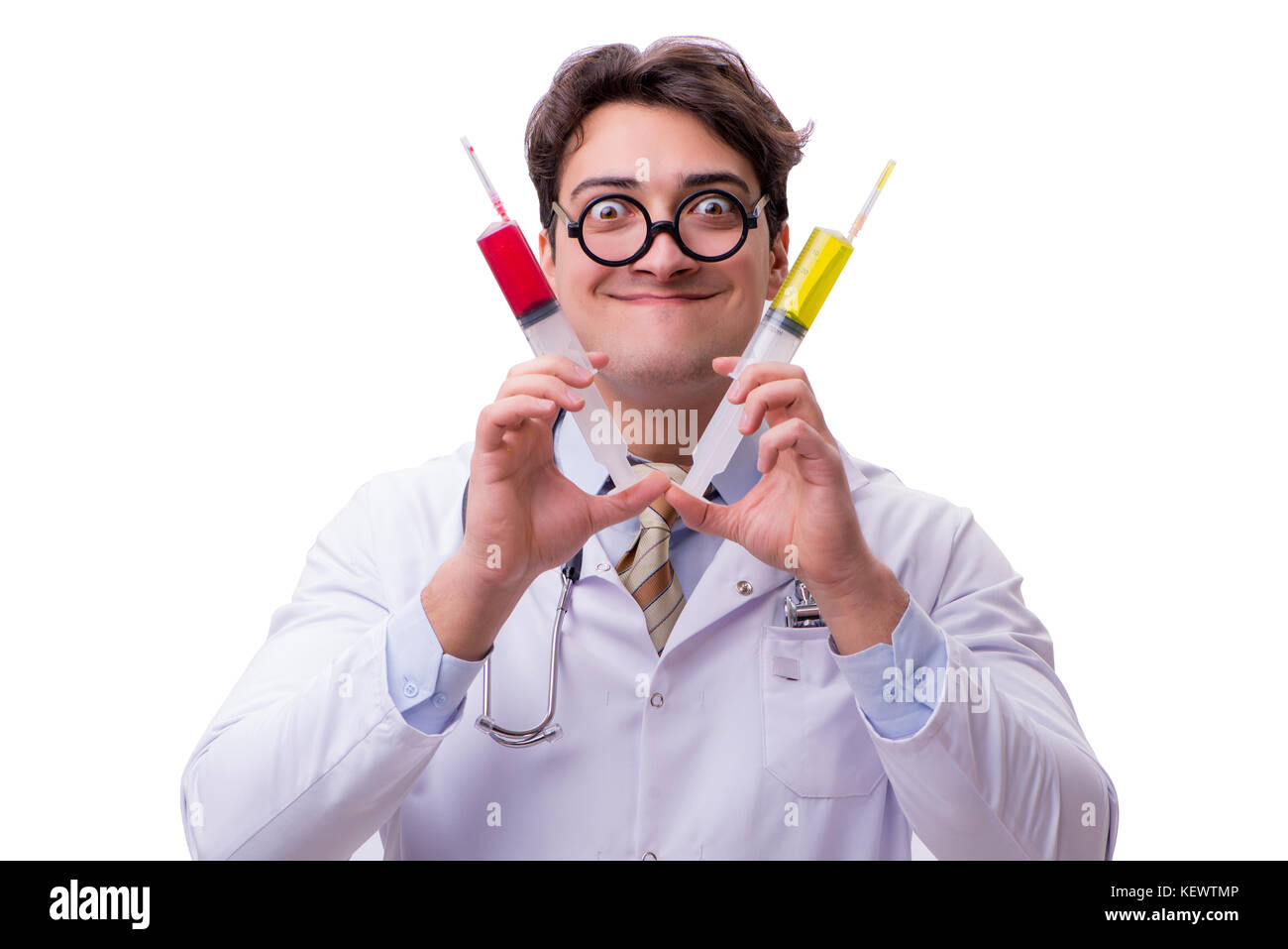 Funny doctor with syringe isolated on white Stock Photo - Alamy