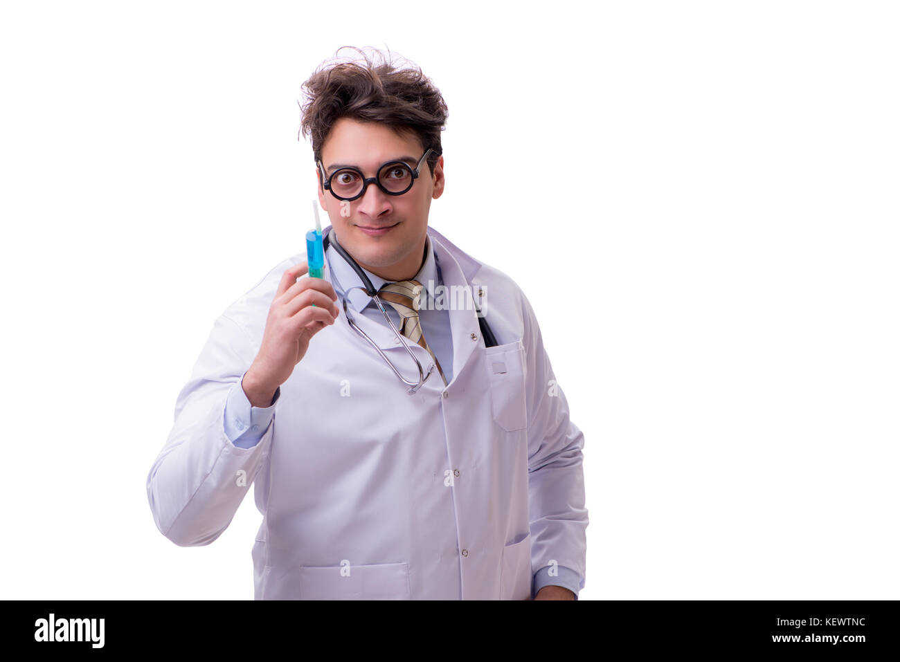 Funny doctor with syringe isolated on white Stock Photo - Alamy