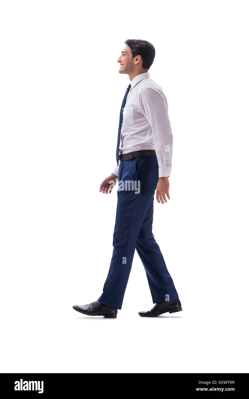 Businessman walking standing side view isolated on white background ...