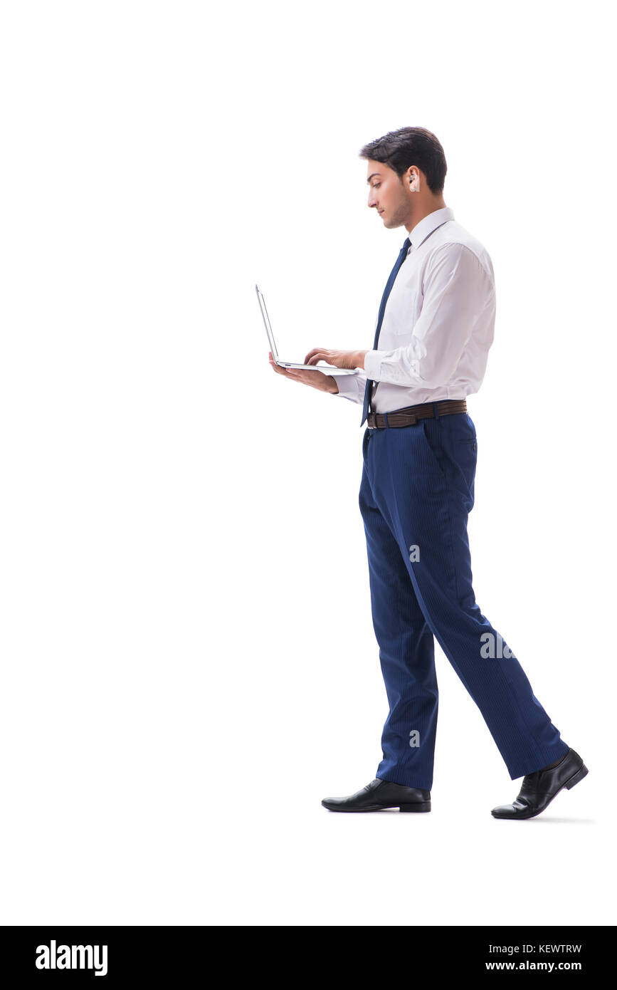Businessman walking standing side view isolated on white background ...