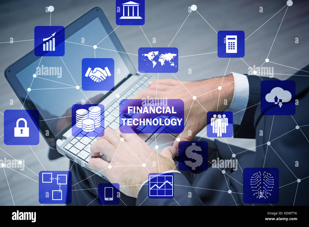 Hands working on laptop in financial technology fintech concept Stock ...