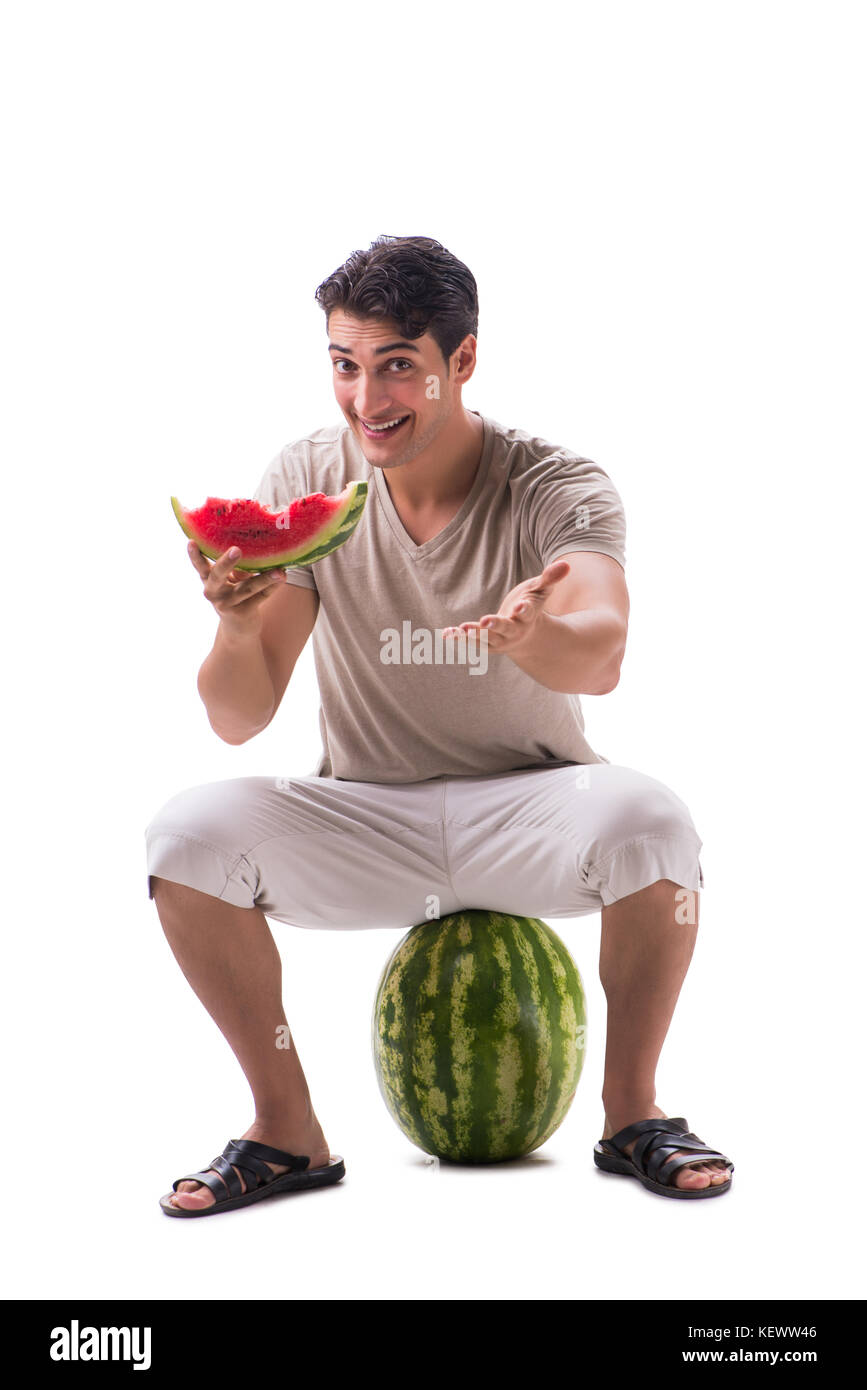 Young man with watermelon isolated on white Stock Photo - Alamy