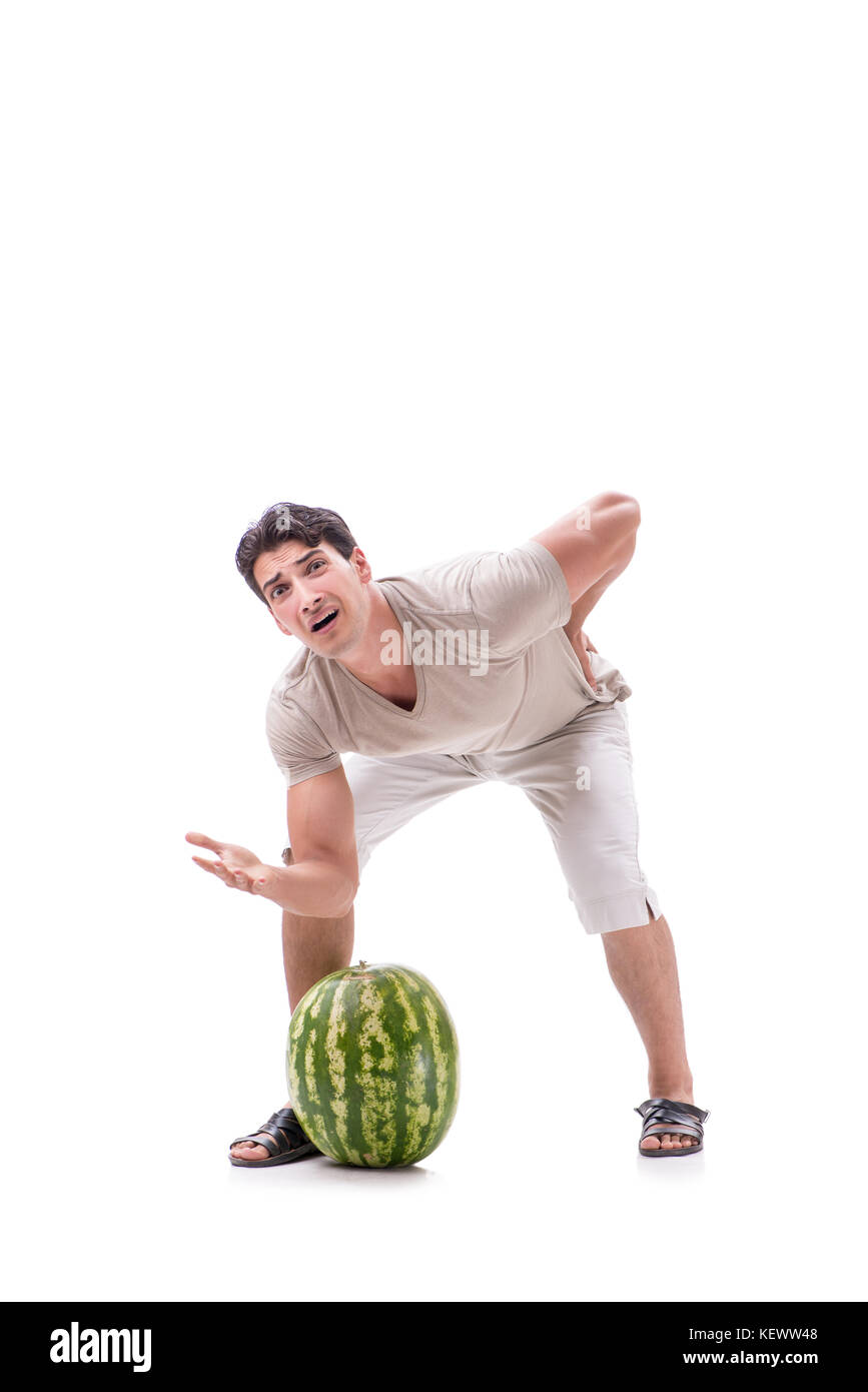 Young man with watermelon isolated on white Stock Photo - Alamy