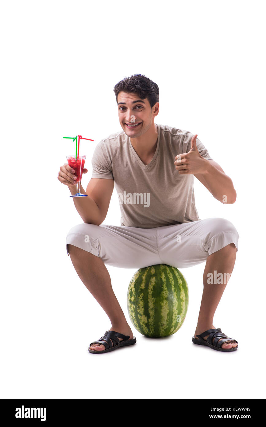 Young man with watermelon isolated on white Stock Photo - Alamy