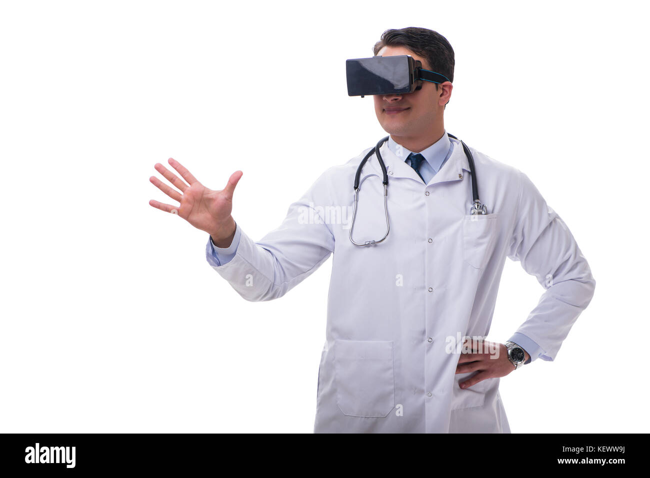 Doctor wearing a vr virtual reality headset isolated on white ...