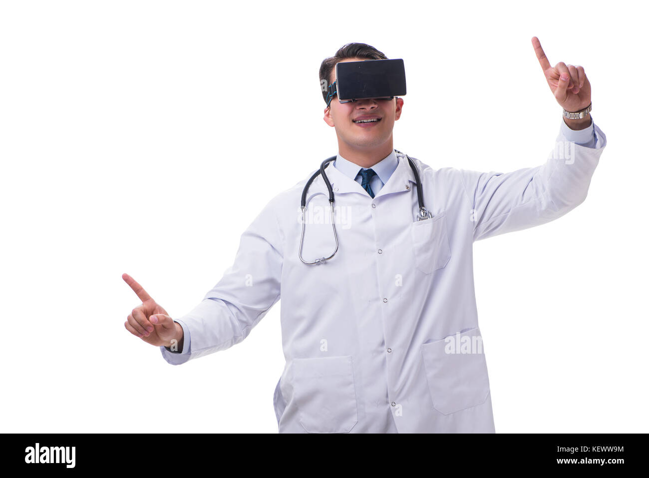 Doctor wearing a vr virtual reality headset isolated on white ...