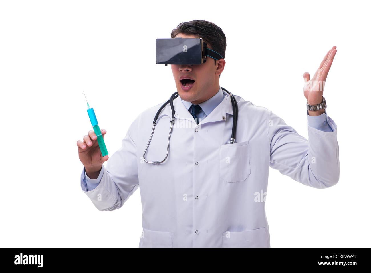 Doctor wearing a vr virtual reality headset isolated on white ...