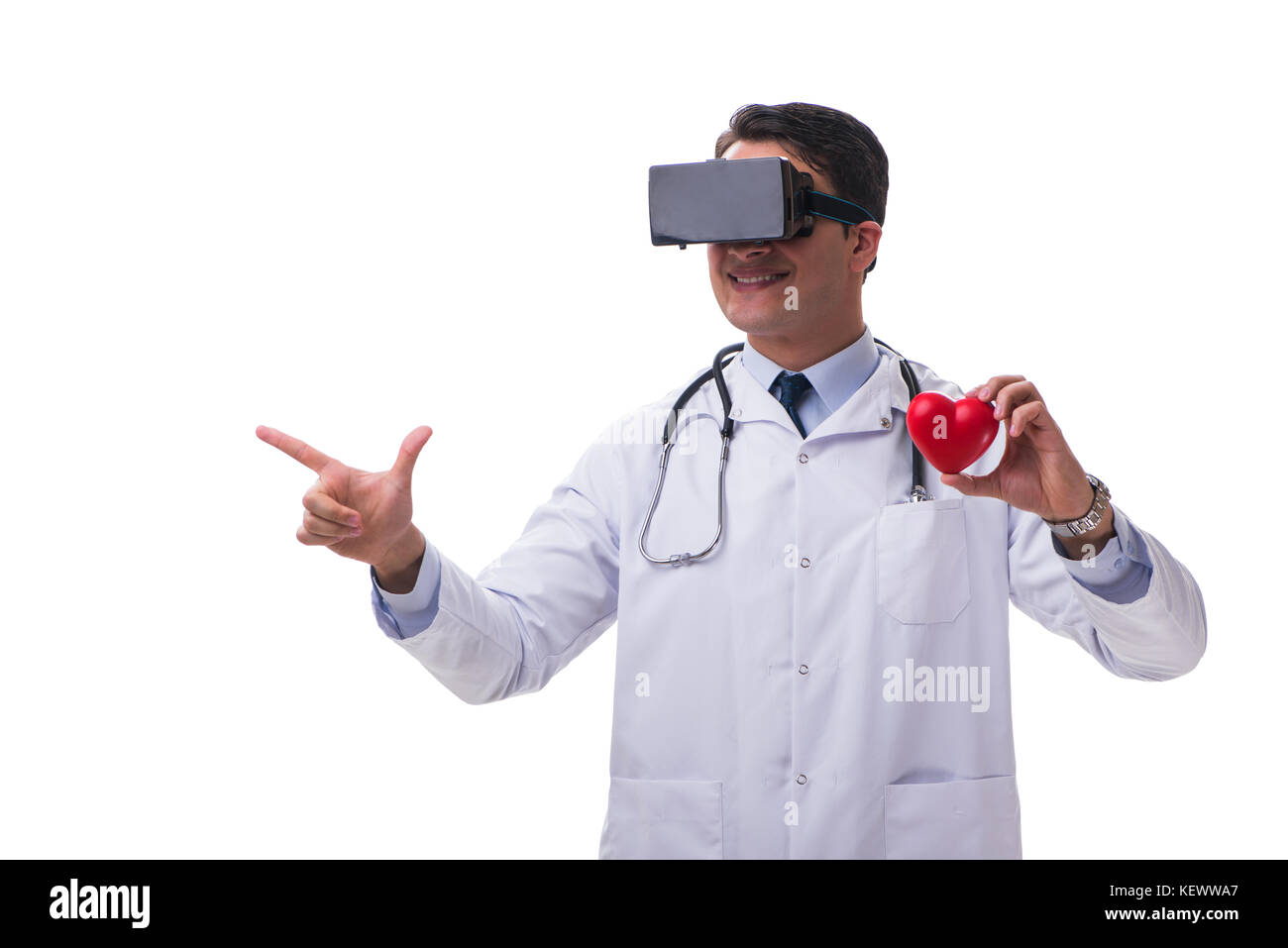 Doctor wearing a vr virtual reality headset isolated on white ...