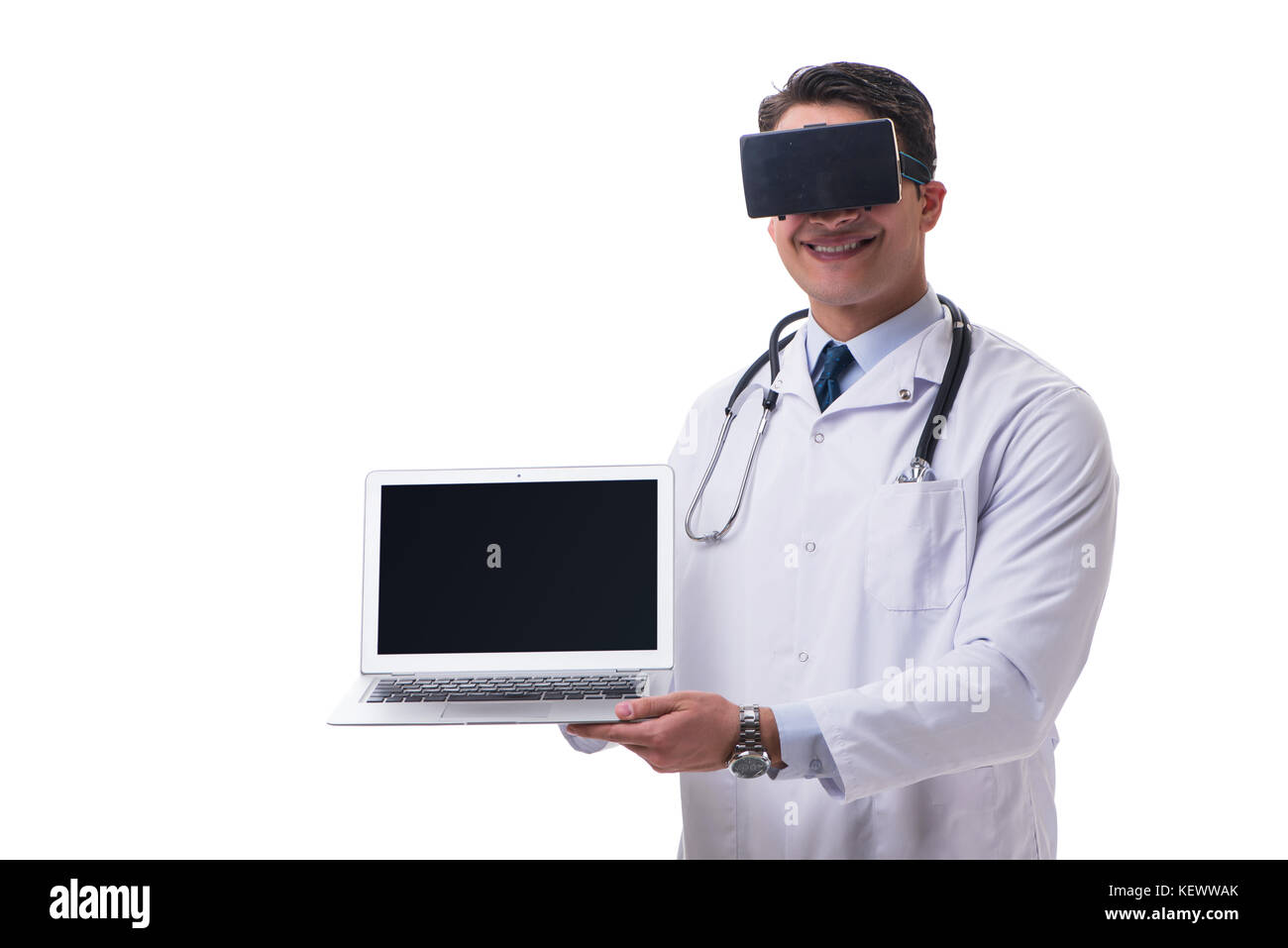 Doctor wearing a vr virtual reality headset isolated on white ...