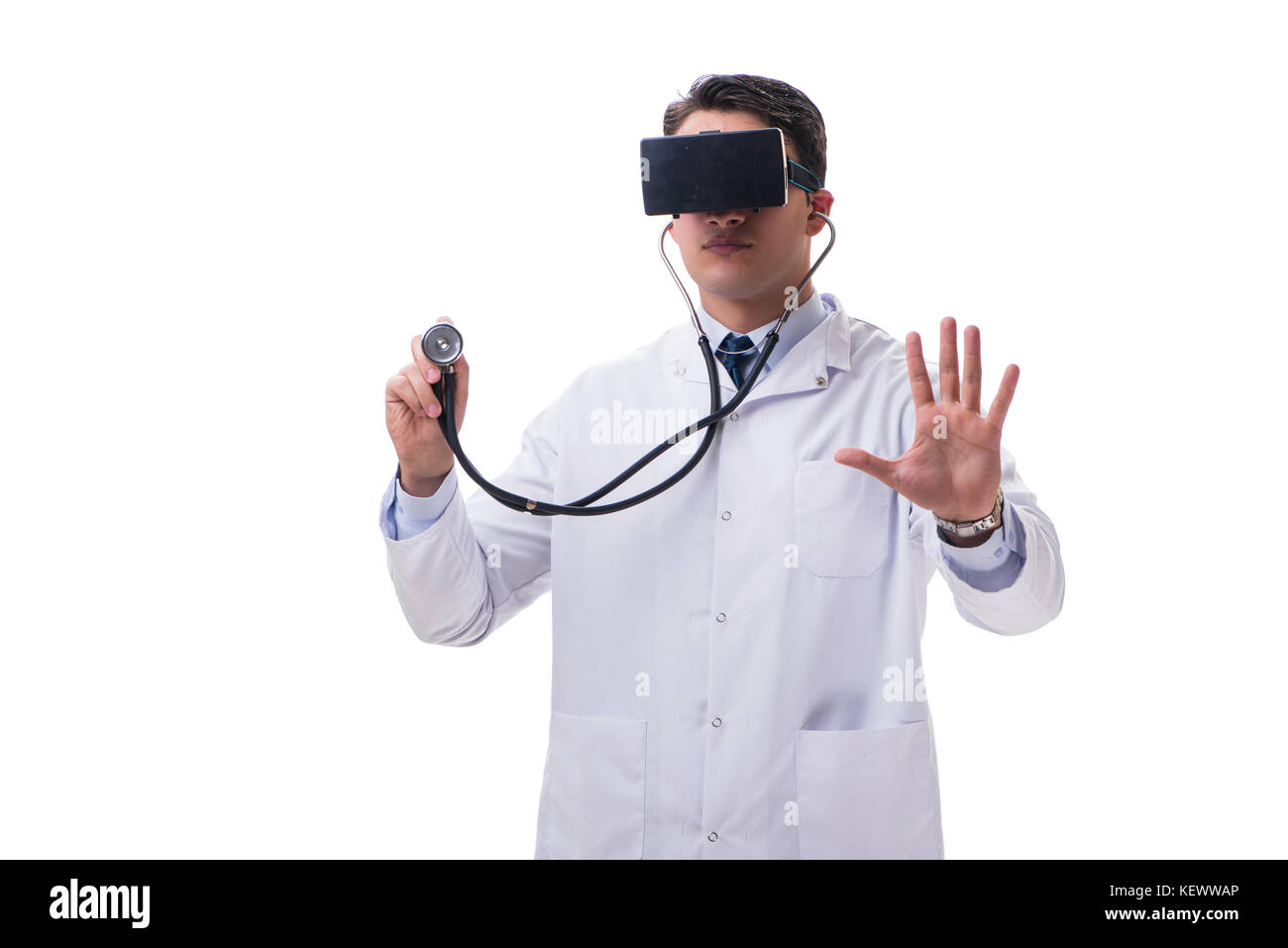 Doctor wearing a vr virtual reality headset isolated on white ...