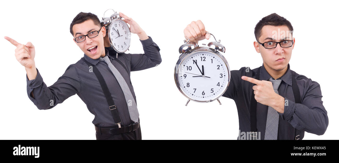 Funny businessman with clock isolated on white Stock Photo - Alamy